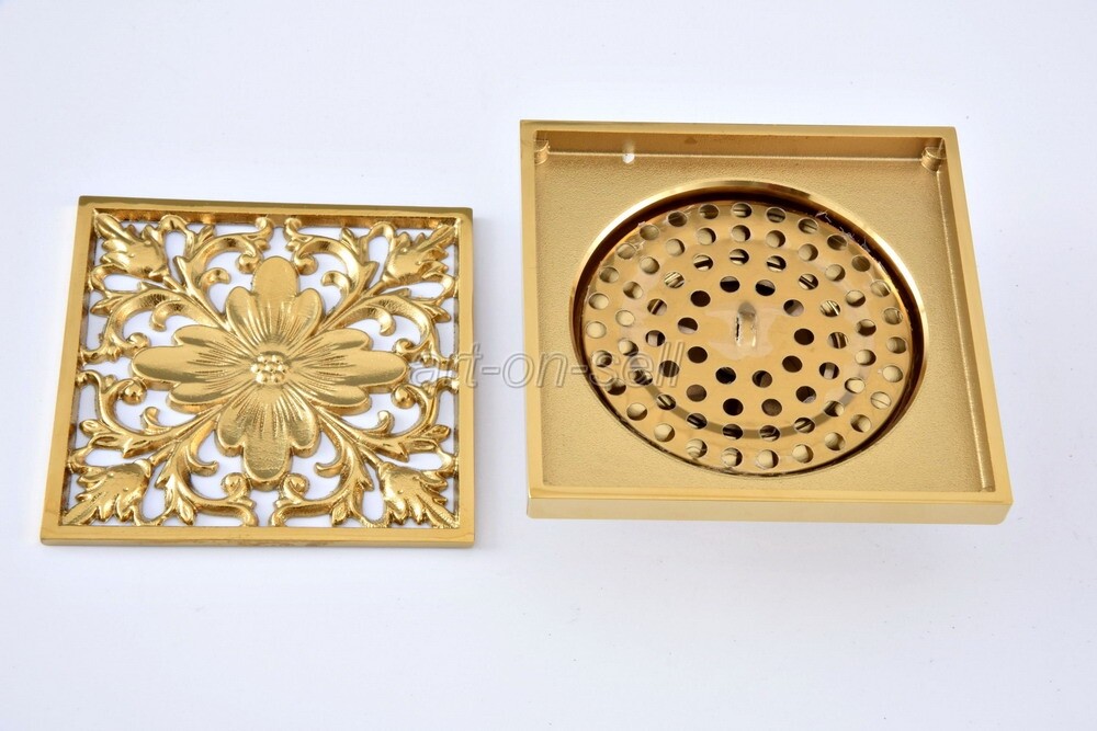 Gold Color Brass Square Floor Waste Grates Bathroom Shower Drain Floor ...