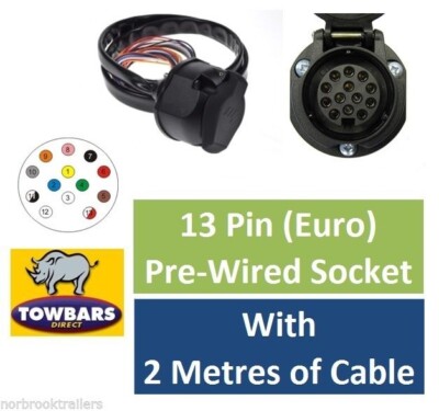 13 Pin Euro Socket Pre-Wired 2 Metres Sheathed Cable Towing Towbar ...