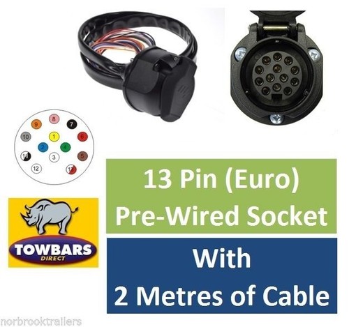 13 Pin Euro Socket Pre-Wired 2 Metres Sheathed Cable Towing Towbar ...