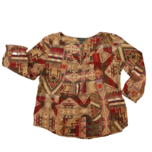 LRL Lauren Jeans Co. Red Brown Southwestern Aztec Blouse Women's size ...