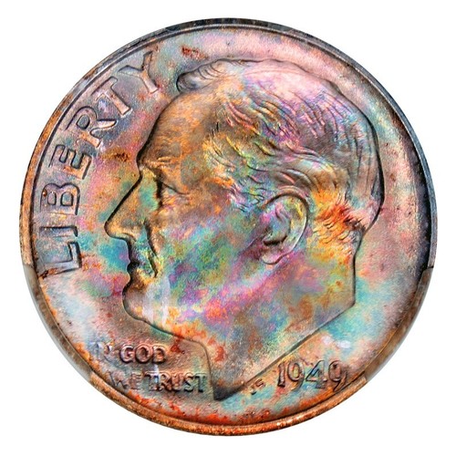 1949-S CAC MS66 - ROOSEVELT DIME (10cts) GORGEOUS MULTICOLOR TONED ...