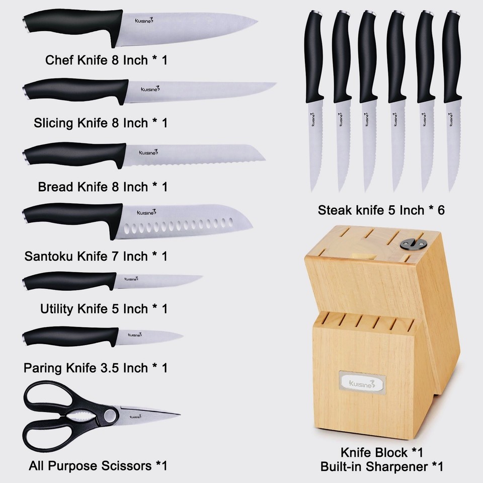 Kuisne Premium 15pcs Kitchen Knife Block Set, High Carbon Steel, Razor ...