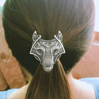 Antique Silver Tone Viking Wolf Elastic Hair Band Ponytail Holder For ...