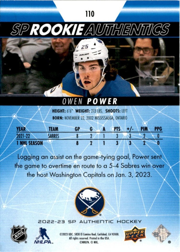 Owen Power Buffalo Sabres 2022-23 SP Rookie Authentics 110 | eBay