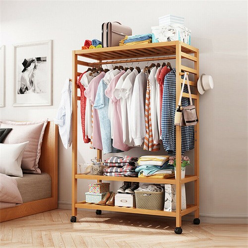 Bamboo Clothes Rack Garment Storage Closet Organizer Hanging Rail Shelf ...