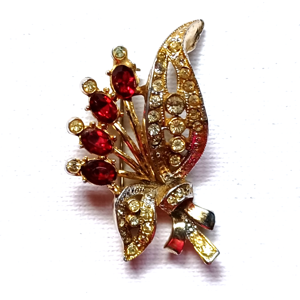 Vintage Signed Coro Red & Clear Rhinestone Flower Brooch | eBay