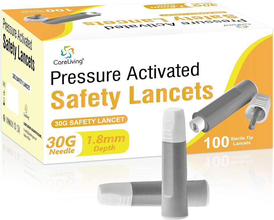 Safety Lancets, 100 Count Sterile, Push Button Activated, 30 Gauge ...