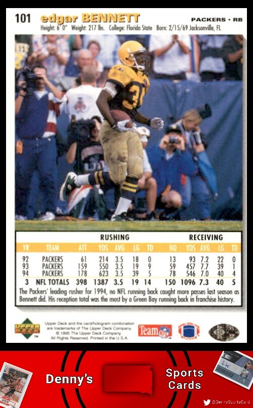 1995 Collector's Choice #101 Edgar Bennett Green Bay Packers Football ...