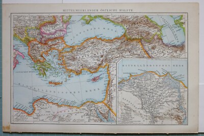 1881 MAP MEDITERRANEAN GREECE BULGARIA SERBIA CYPRUS ASIA MINOR CRETE ...