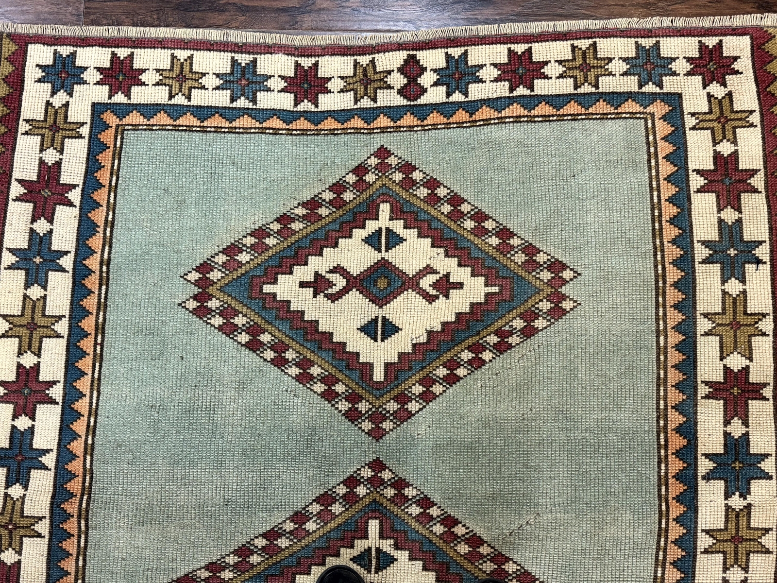 Turkish Kazak Rug 4x6 Geometric Medallions Caucasian Vintage Mint Green ...