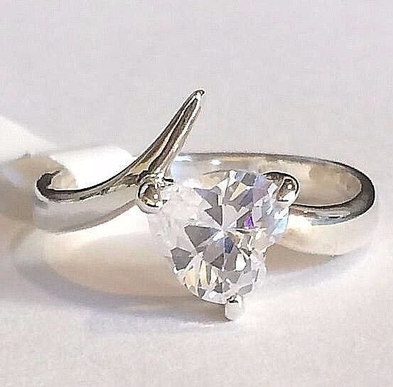 Vtg Sterling Silver Heart Engagement Ring Size 10 Cubic Zirconia ...