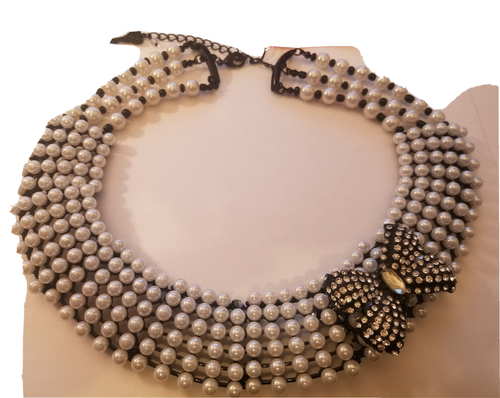 Faux Pearl & Crystal Bow Statement Necklace Black Accents preowned | eBay