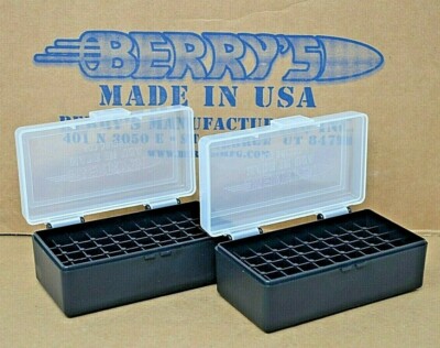 (2) 38 / 357 PLASTIC STORAGE AMMO BOXES (CLEAR / BLACK ) BERRY'S MFG ...