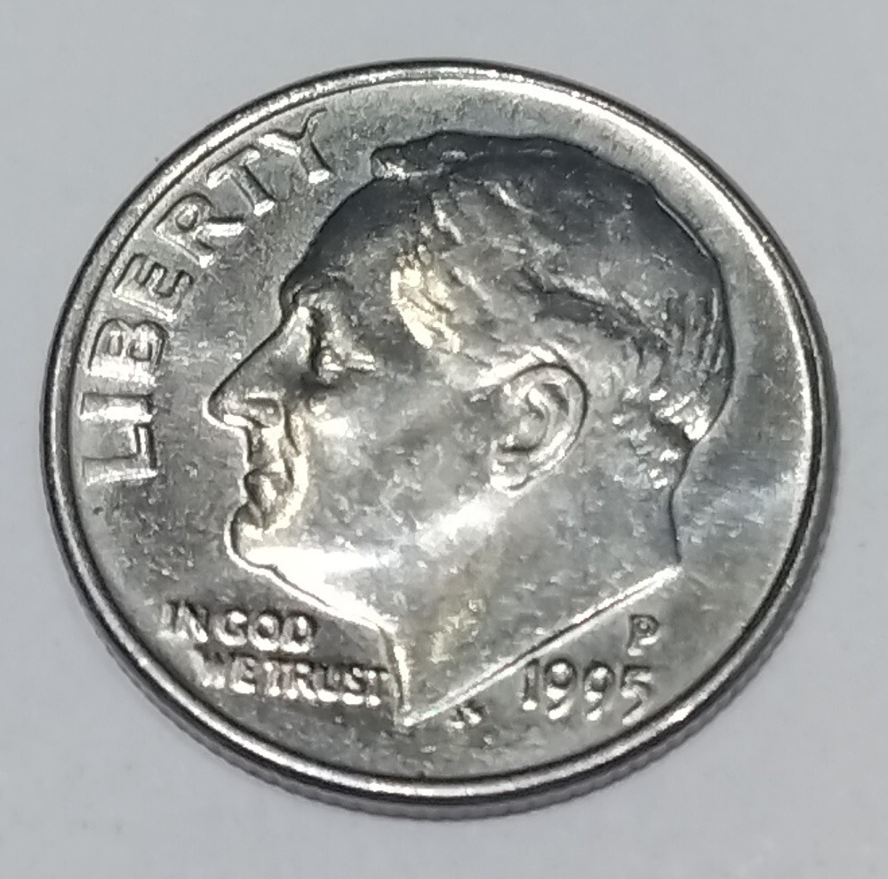 1995 P Roosevelt Dime Misaligned die Reverse Railroad Edge along Left ...