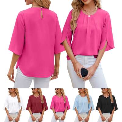 Women's Plain Color 3/4 Sleeve Tops Dressy Casual Shirts Pleated Scoop ...