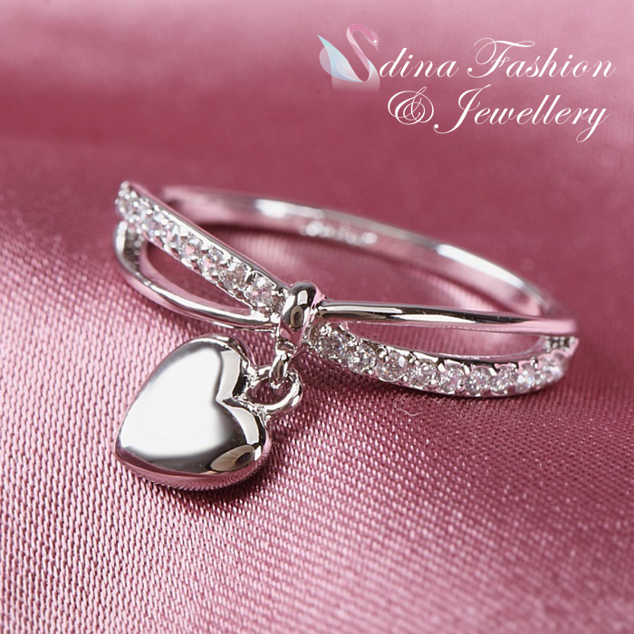 18K White Gold Plated Cubic Zirconia Exquisite Crossover Heart Ring ...