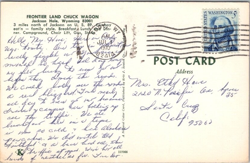 Jackson Hole, Wyoming Postcard "FRONTIER LAND CHUCK WAGON" Restaurant ...