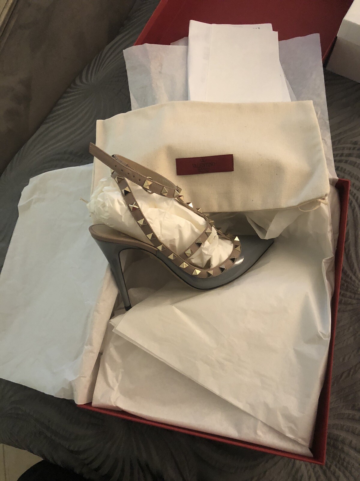 Valentino Rockstud Patent Gray and Powder Leather Ank… - Gem