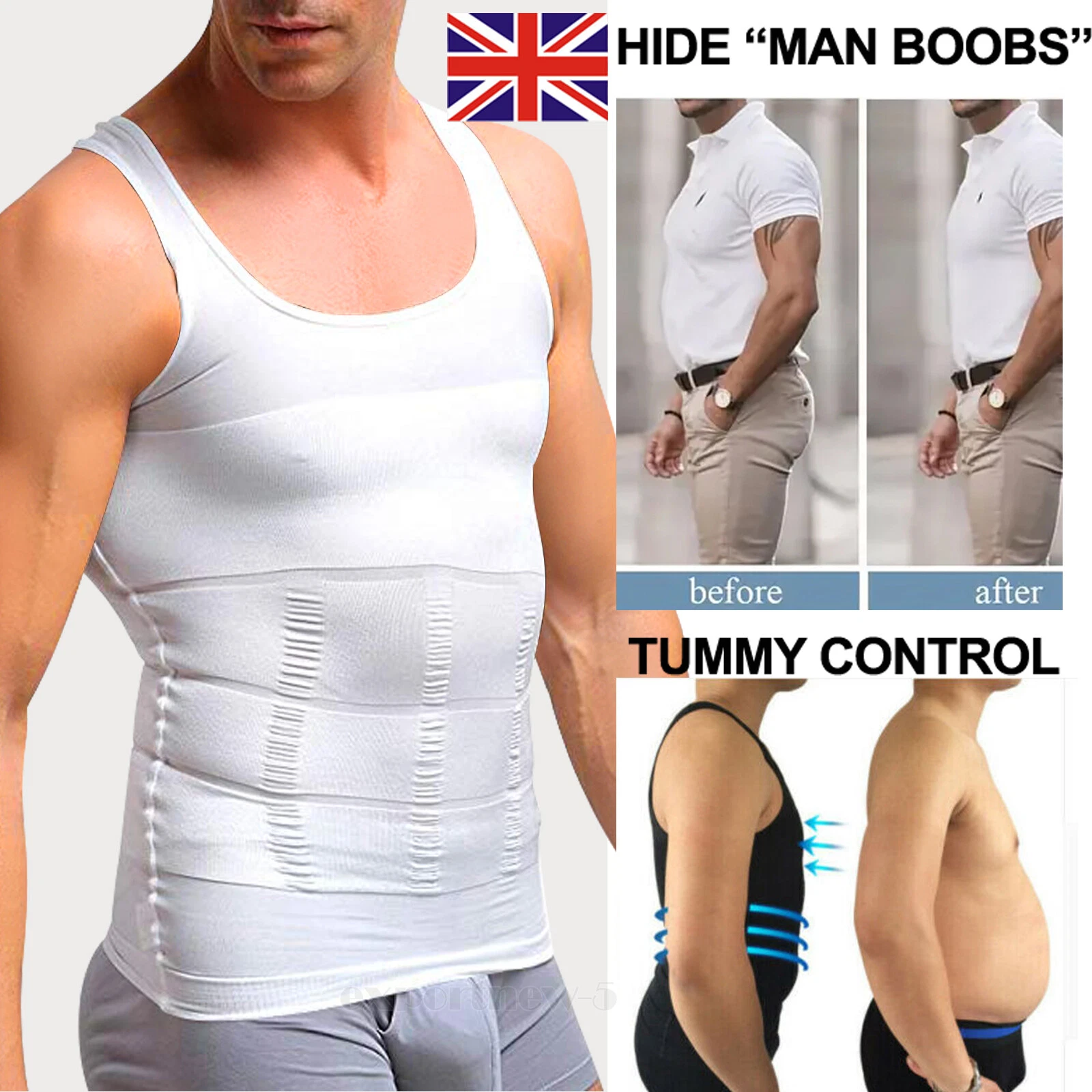 Mens Slimming Body Shaper Vest Shirt Tummy Control Chest Compression ...
