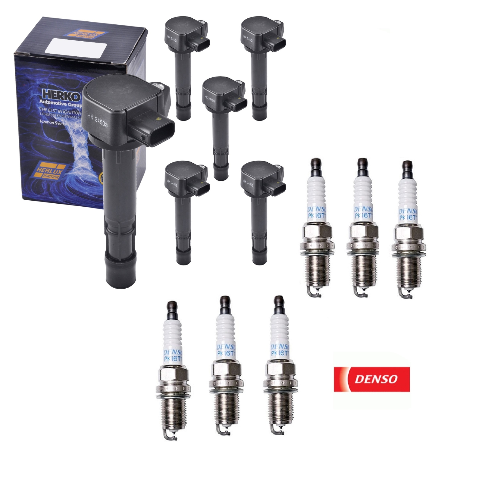 Set of 6 x Spark plug Denso PK16TT & 6 x Herko Ignition coil B088 Honda ...
