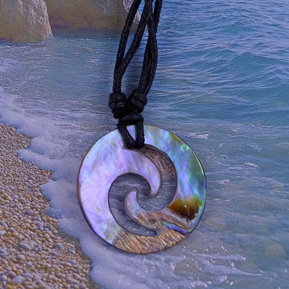 NZ Paua Shell Koru Pendant Necklace (PU-158) Beautiful Color Beach ...