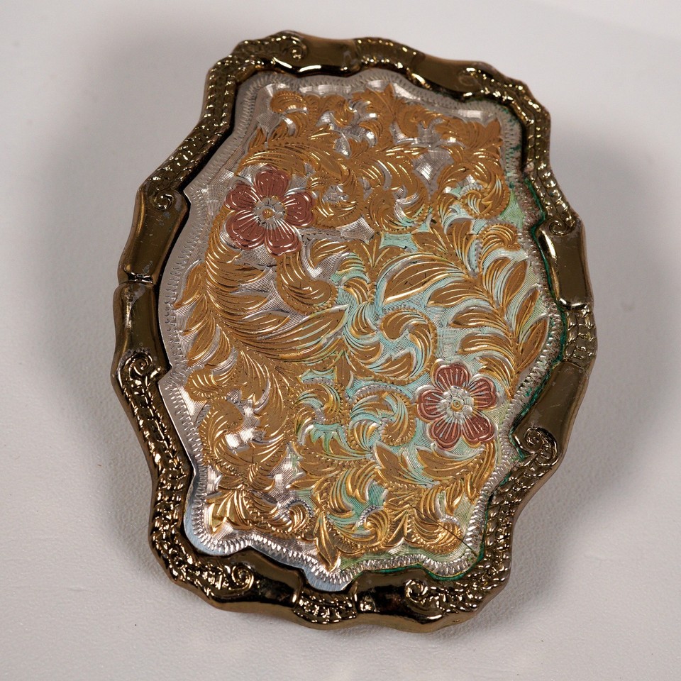 VTG Western Belt Buckle Tri-Color Floral Scroll Engraved USA W Mark ...