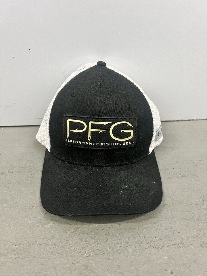 Columbia PFG Hat Cap Flex Fit Black White Mesh Performance Fishing Gear ...