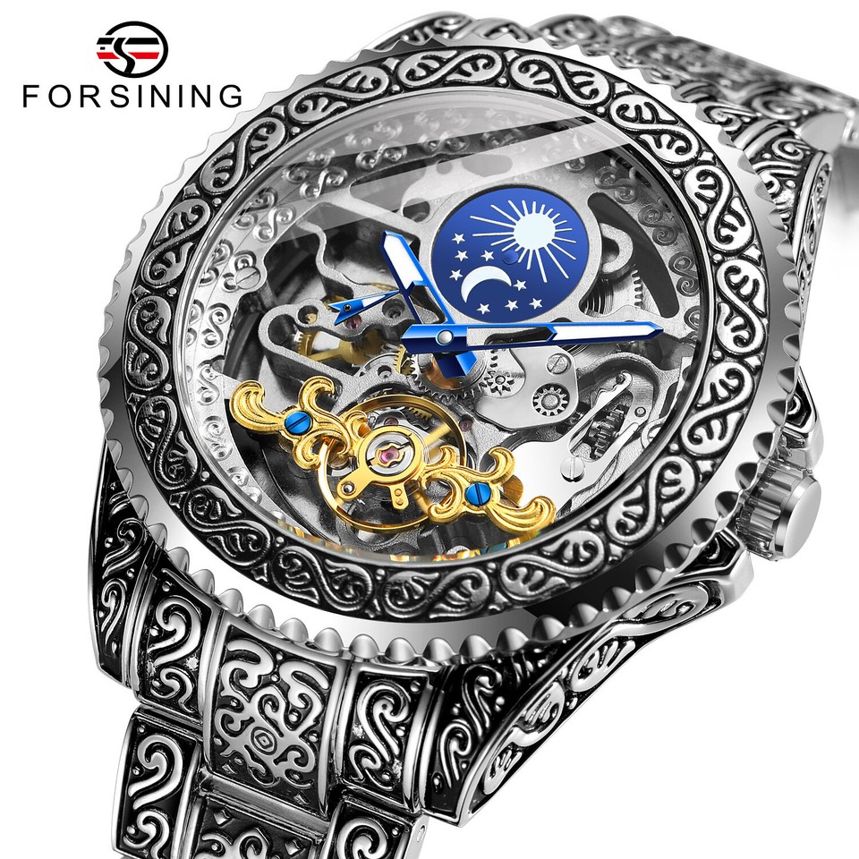 FORSINING Retro Carved Tourbillon Moon Phase Skeleton Automatic ...