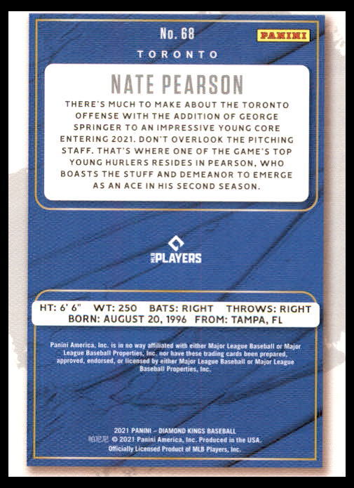 2021 Panini Diamond Kings #68 Nate Pearson Toronto Blue Jays Baseball ...
