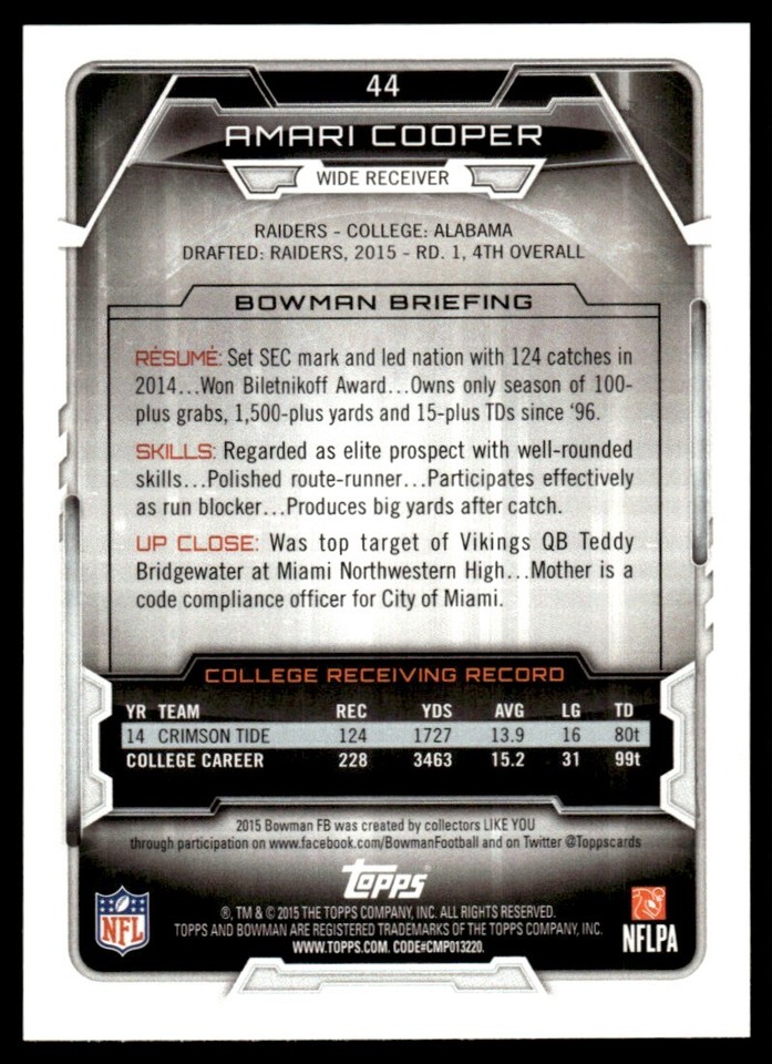 2015 BOWMAN AMARI COOPER #44 RC OAKLAND RAIDERS 3739 | eBay