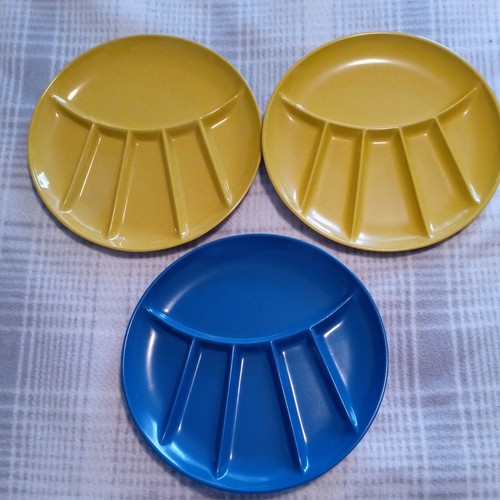 2 Mustard colored & 1 Blue Plastic Plates and One with two slight chips ...