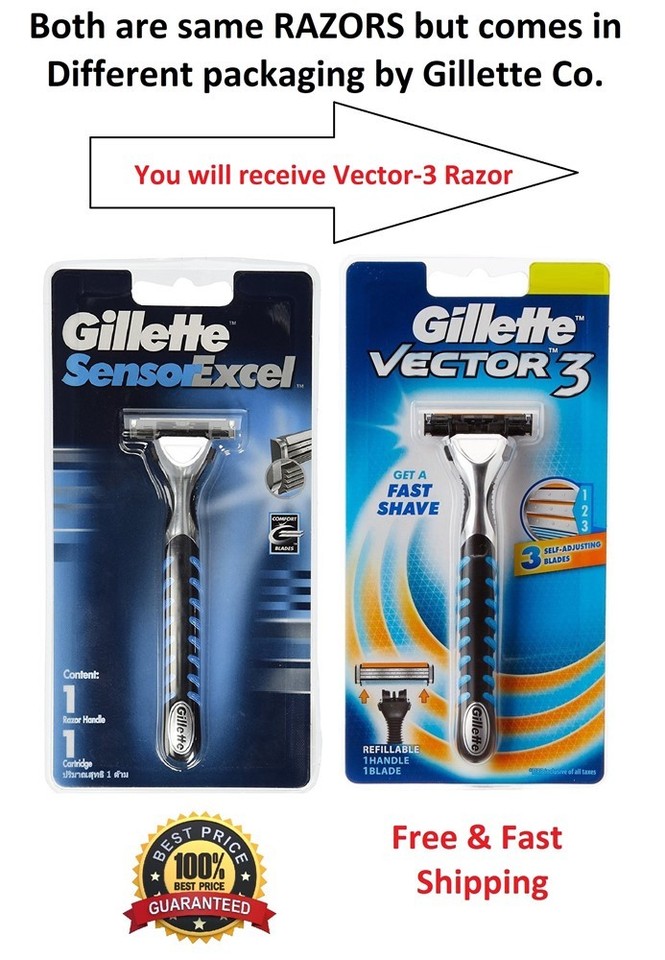 3 Gillette Vector 3 Razor Handle Fits Sensor Excel Men Women Blades ...