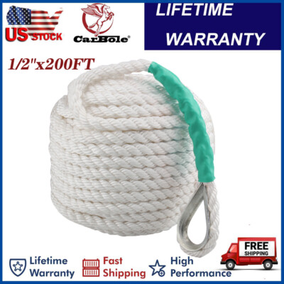 1/2"x200FT Twisted 3 Strand Nylon Anchor Rope Boat w/Thimble Rigging ...