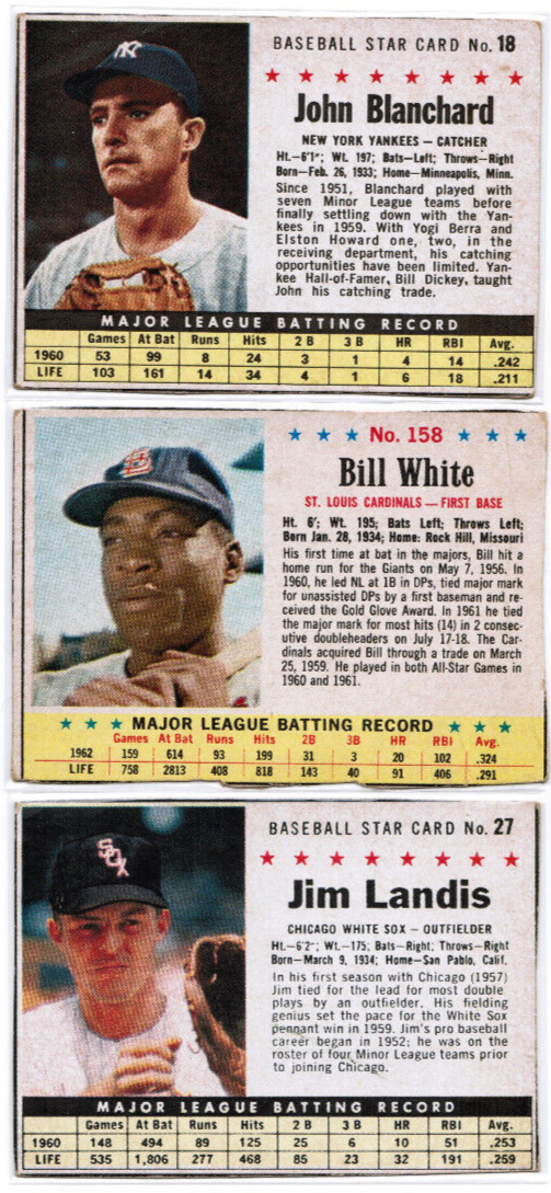 1961 & '63 Post Cereal Baseball Cards: John Blanchard, Bill White, Jim ...