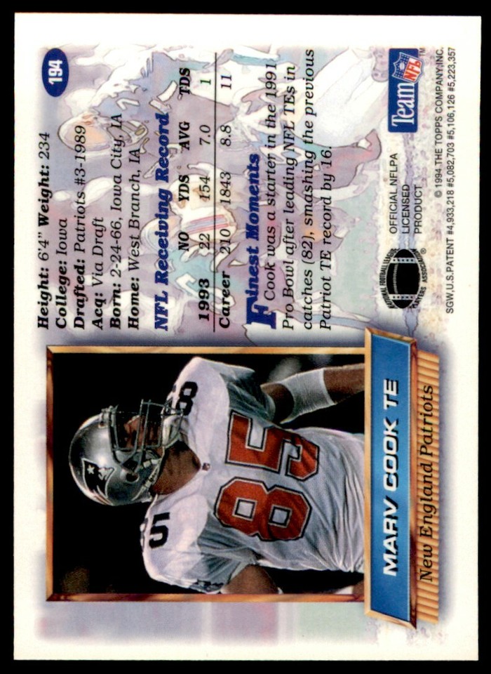 1994 Topps Finest Marv Cook Near Mint of Better New England Patriots ...