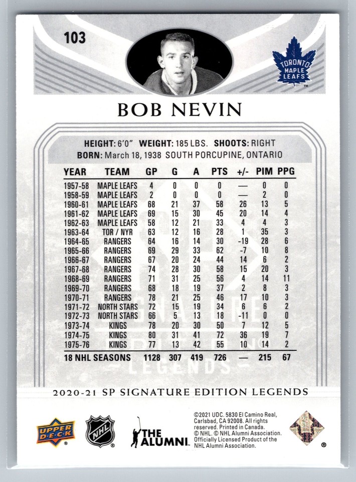 2020-21 SP Signature Edition Legends #103 Bob Nevin Toronto Maple Leafs ...