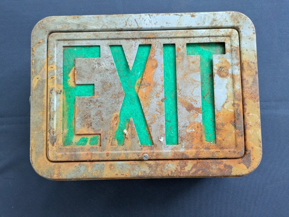 Vintage Exit Sign Light Up Box Safety Glass Double Sided Steel ...