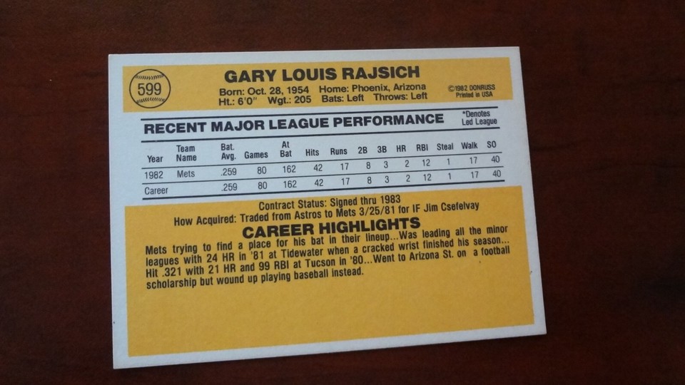 1983 DONRUSS # 599 GARY RAJSICH BASEBALL CARD | eBay
