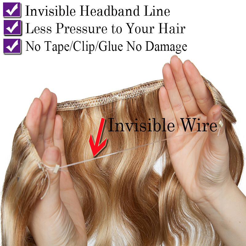 Balayage Line Weft Wire In Human Remy Hair Extensions Headband WAVY One ...