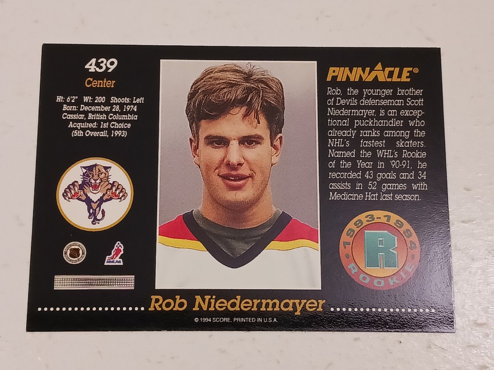 Rob Niedermayer Florida Panthers 1993 - 1994 Pinnacle Rookie Card #439 ...