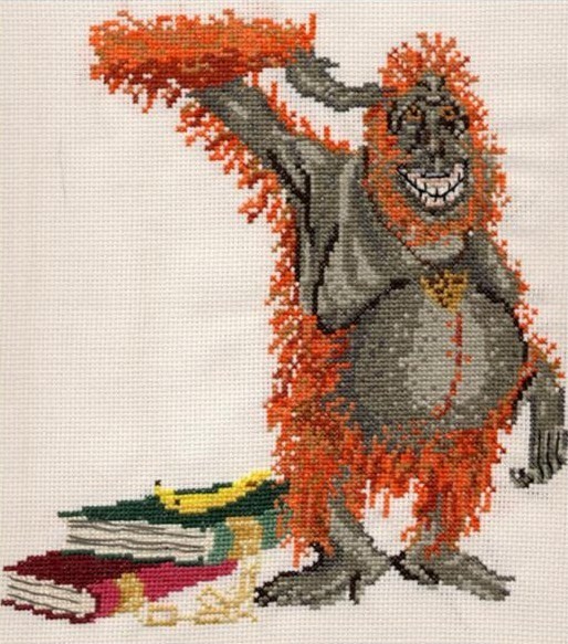 Discworld cross stitch kits Witches, Librarian, Death & Binky, Ankh 14s ...