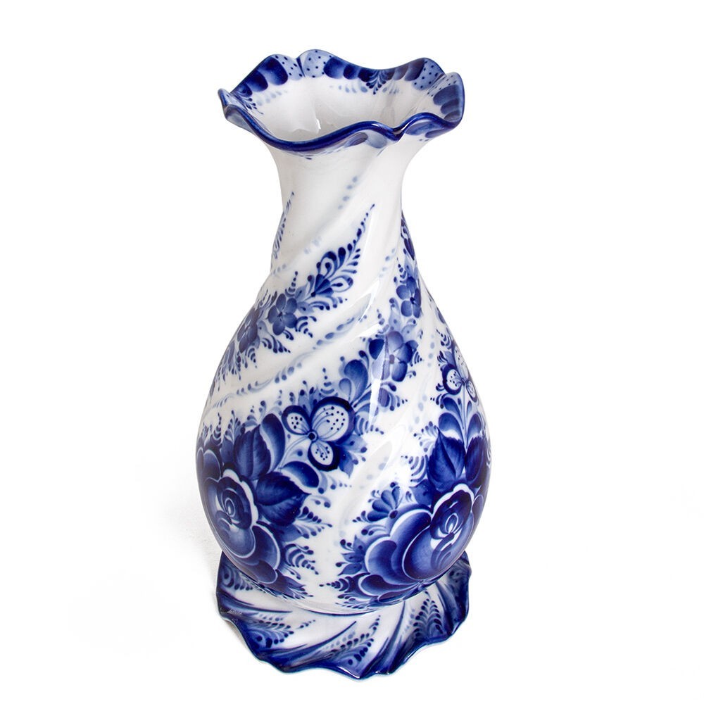 9.4" Handmade Gzhel Porcelain Floral Vase in Blue and White, Authentic ...