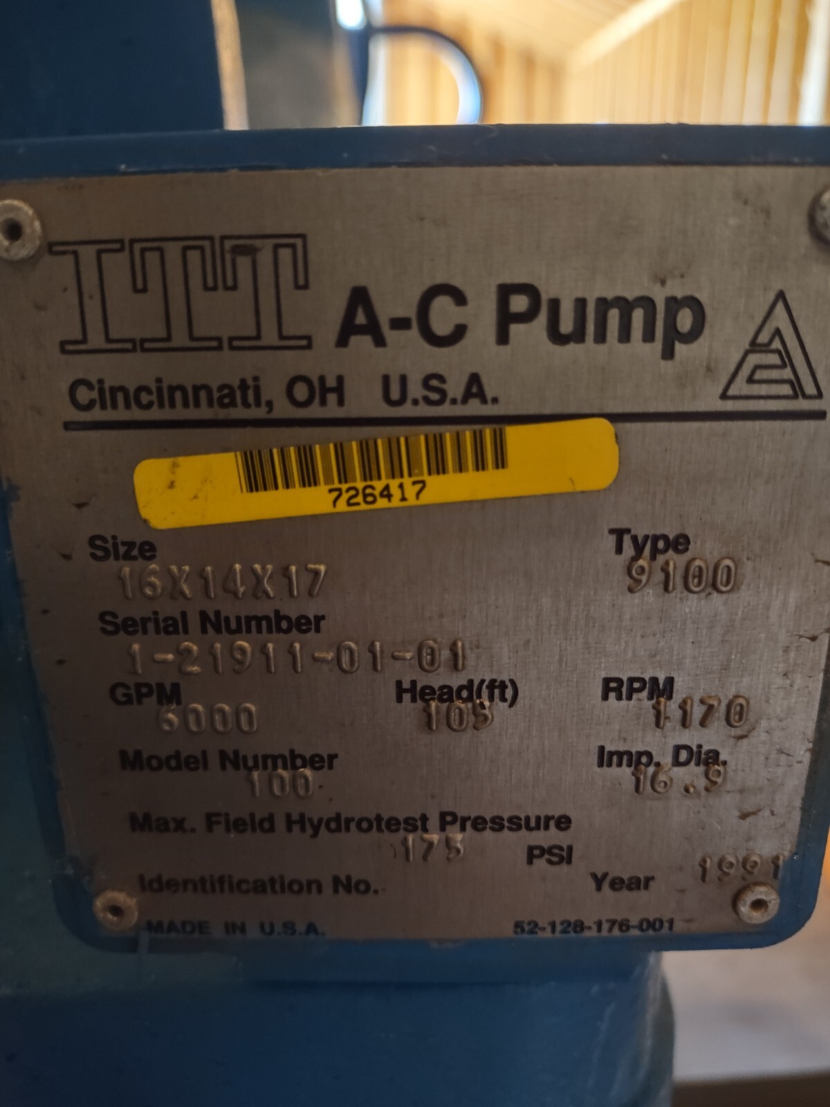 CB-251 ITT GOULDS 3409 DOUBLE SUCTION PUMP. 4500 GPM. 14 - 17. 50/60 HP ...