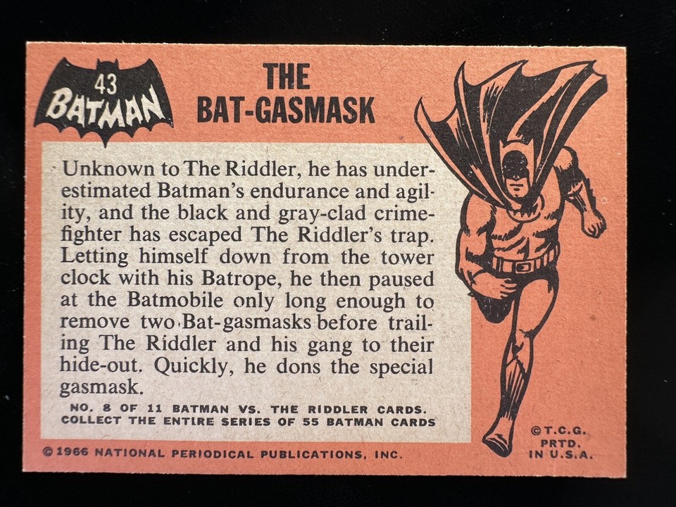 1966 TOPPS BATMAN BLACK BAT #43 THE BAT GAS-MASK CARD COMBINE SHIP NO ...
