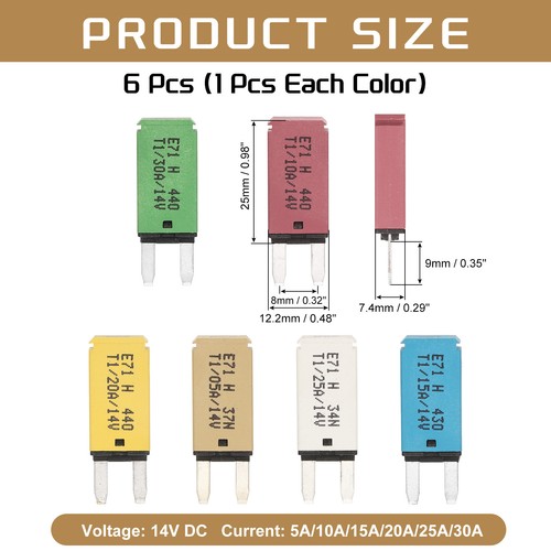 6 Pack 14V-30A Colorful ATC/ATO Automatic Narrow Mini Resettable Fuse ...