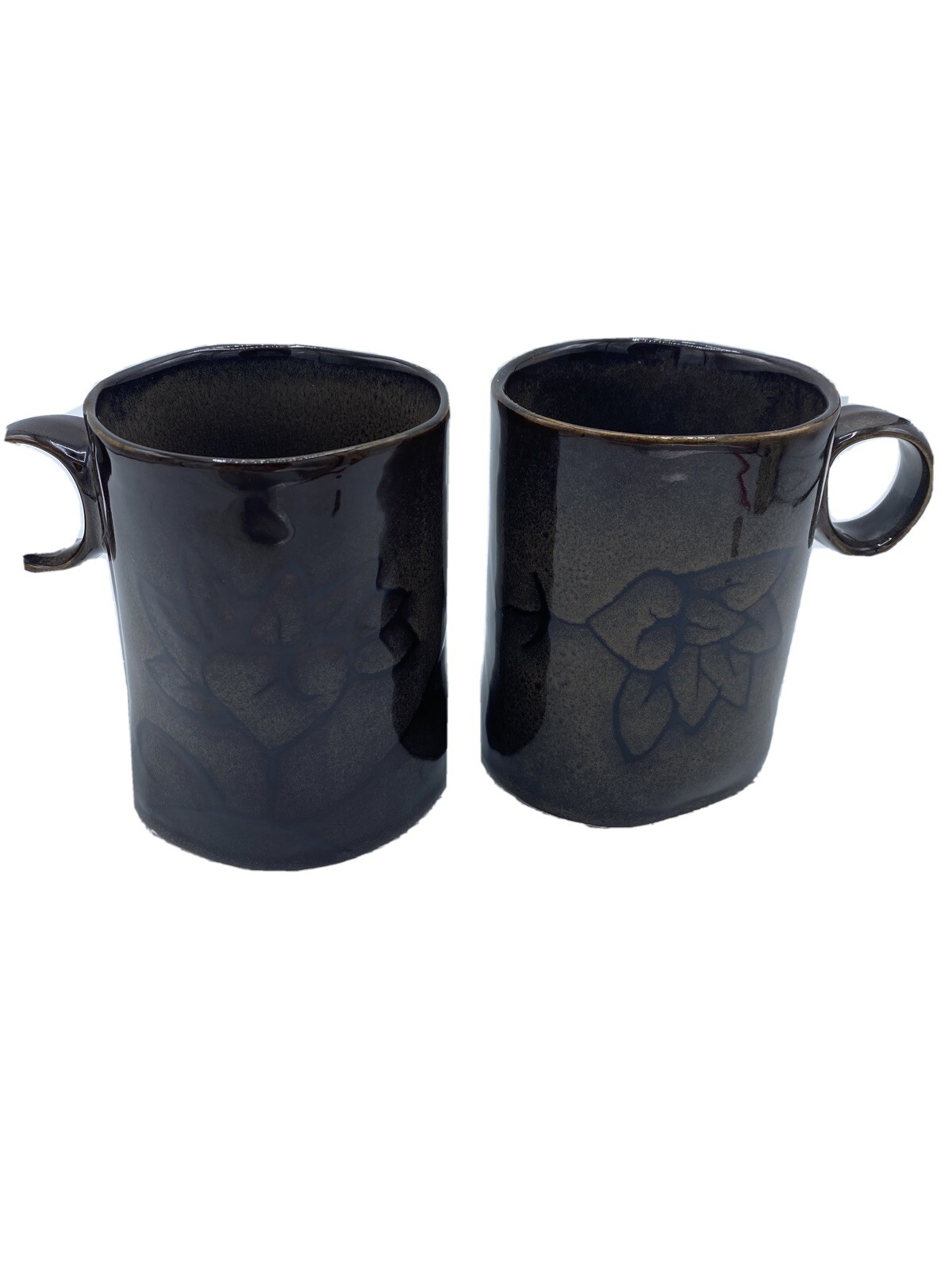 Set of 2 World Market Coffee Tea Cup Mug Brown Floral Glaze Stoneware ...