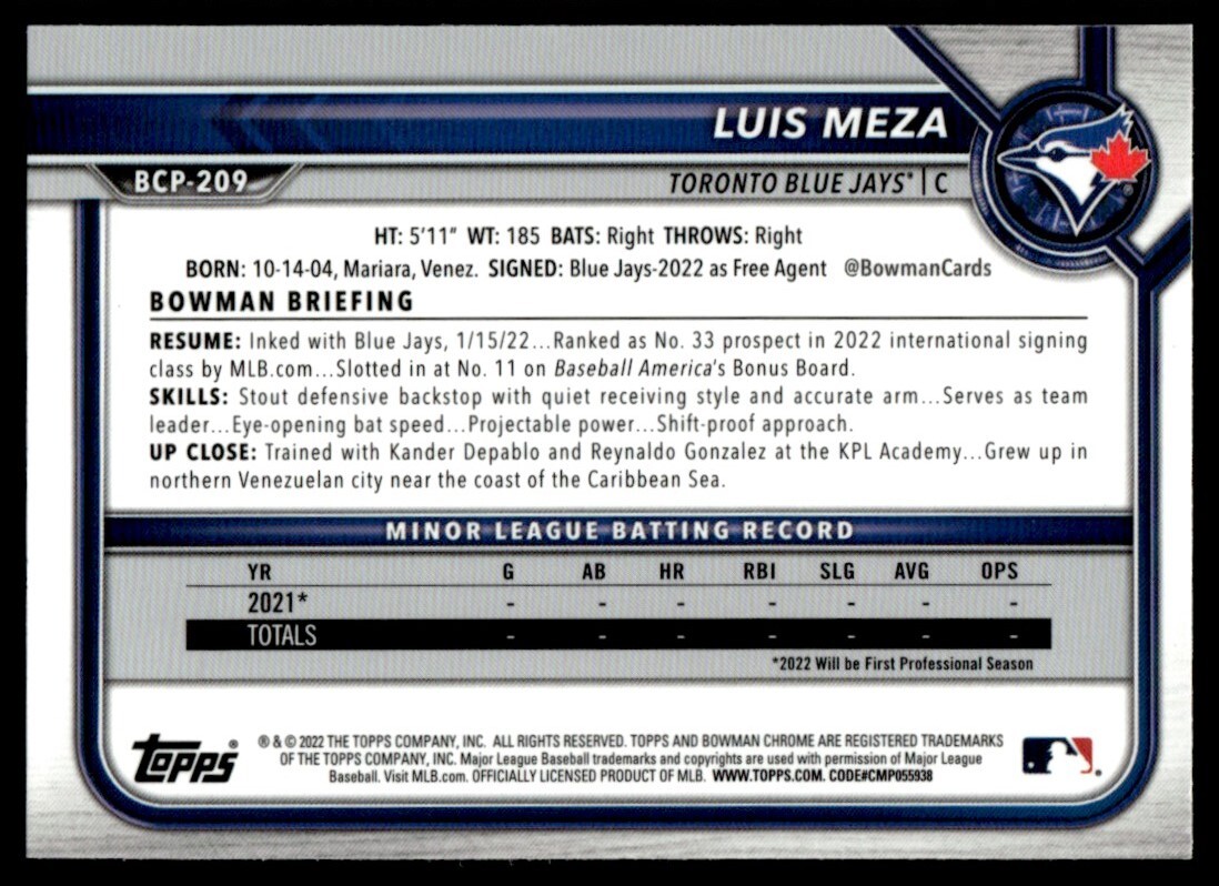 2022 Bowman Chrome Mega Box Luis Meza Toronto Blue Jays #BCP-209 | eBay