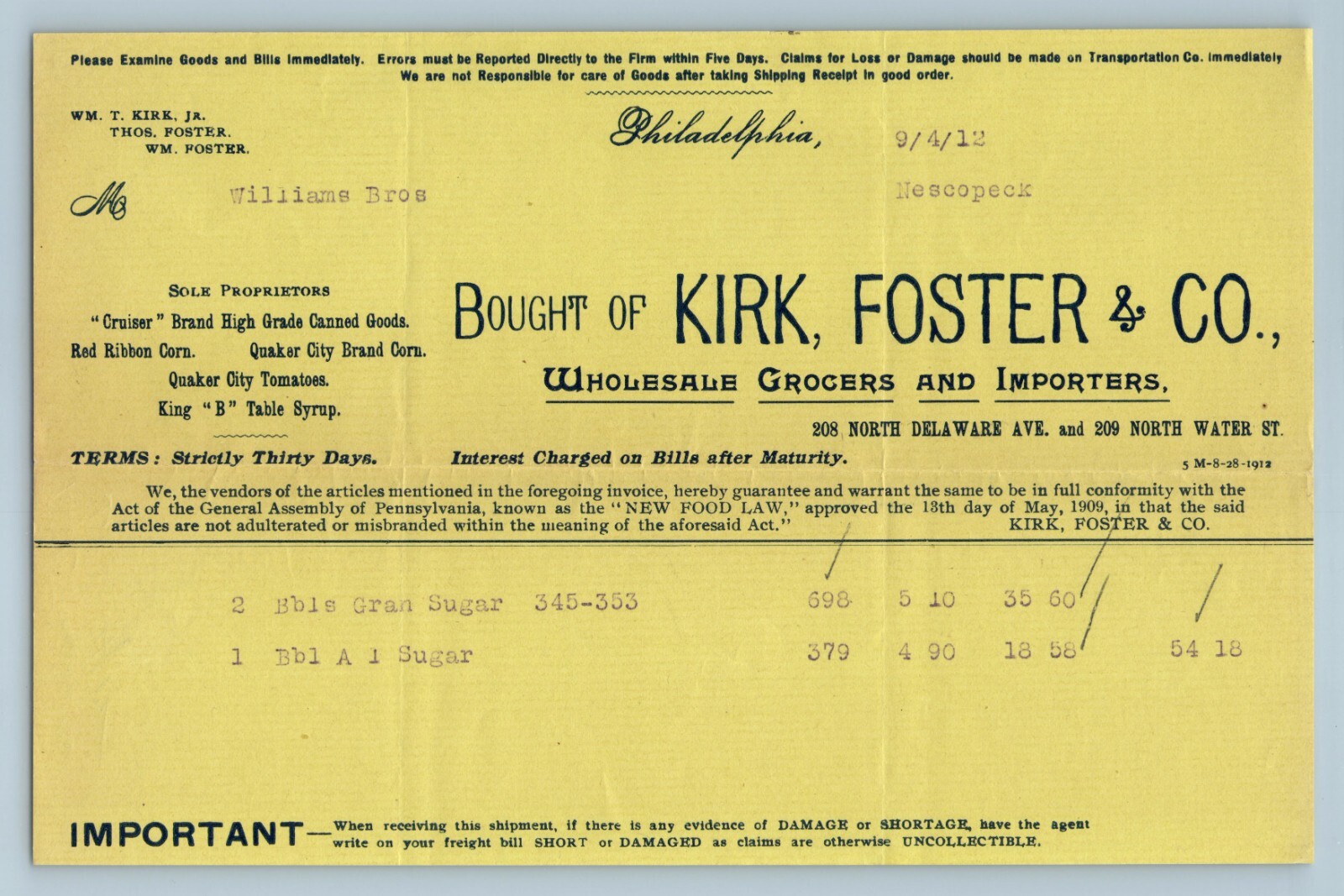 Ephemera BILLHEAD RECEIPT Kirk Foster & Co Grocers Importers Phila PA 9 ...