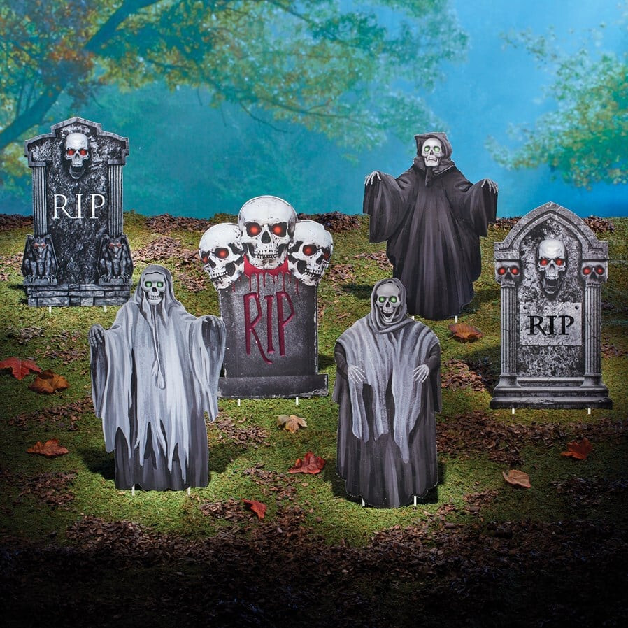 Set of 6 Halloween Tombstone & Zombie Yard Stake Outdoor Cemetery ...
