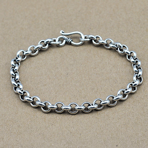 Real Solid 925 Sterling Silver Bracelet Round Link Chain Hook Fashion ...